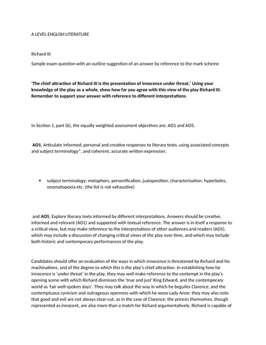 A LEVEL ENGLISH RICHARD III - essay analysis ; lesson plan / revision ...