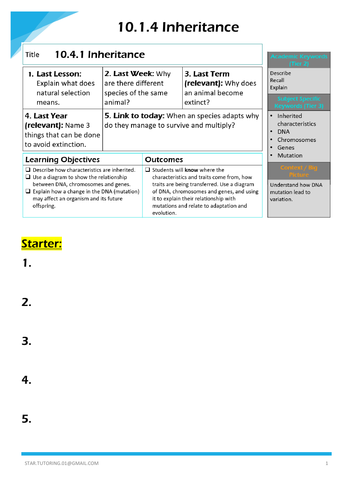 KS3 10.4.1 Inheritance (2021) S.T.A.R | Teaching Resources