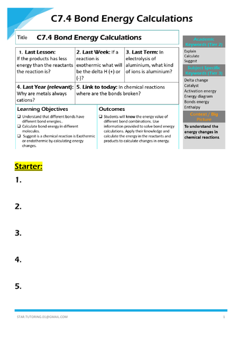 KS4 GCSE C7.4 Bond Energy Calculations (2021) S.T.A.R. | Teaching Resources