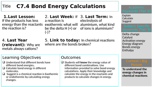 KS4 GCSE C7.4 Bond Energy Calculations (2021) S.T.A.R. | Teaching Resources