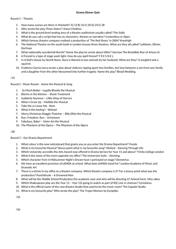 Drama Department Event or Dinner Quiz No.1 - 3 Rounds (Musical, Theatre ...