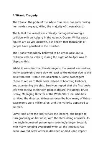 Titanic Newspaper Writing | Teaching Resources