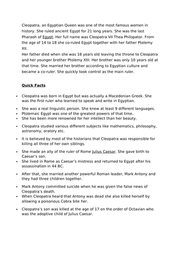 Cleopatra Biography Writing | Teaching Resources