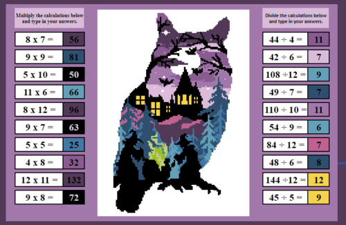 Multiplication & Division to 12 Pixel Art - Halloween Cat Silhouette ...