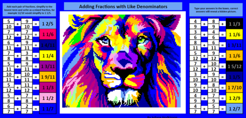 Adding Fractions with like Denominators Pixel Art - Majestic Lion ...