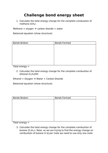 Bond enthalpy calculations, BSG and answers | Teaching Resources