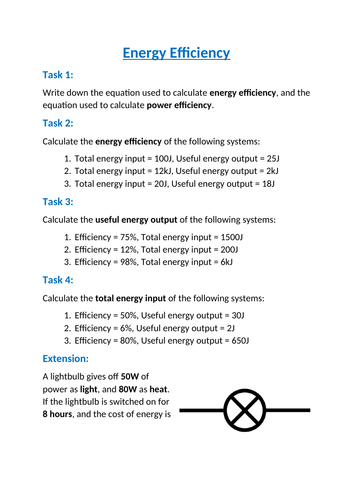 Energy Efficiency Worksheet GCSE Physics | Teaching Resources Energy Efficiency Worksheet GCSE Physics | Teaching Resources