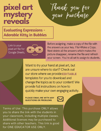 Evaluating Expressions - Pixel Art Cat in Bubbles | Teaching Resources