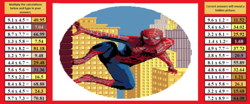 Decimal Multiplication Pixel Art - Superhero | Teaching Resources