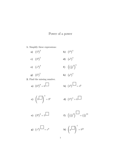 Power of a power worksheet (with solutions) | Teaching Resources