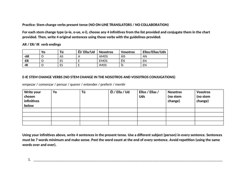 Stem change conjugation and sentence practice | Teaching Resources