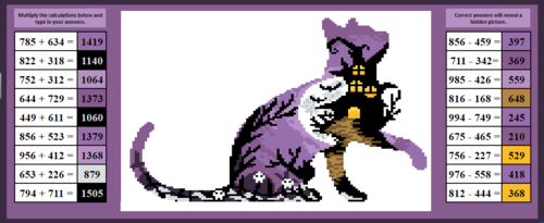 3-digit Addition and Subtraction Pixel Art - Halloween Cat | Teaching ...