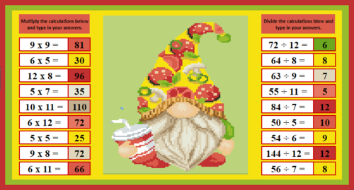 Multiplication and Division to 12 Pixel Art - Pizza Gnome | Teaching ...