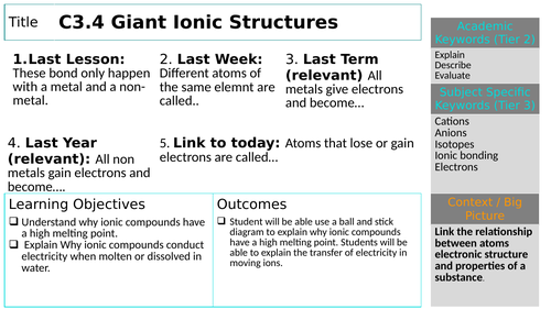 KS4 GCSE C3.4 Giant Ionic Structures (2021) S.T.A.R | Teaching Resources