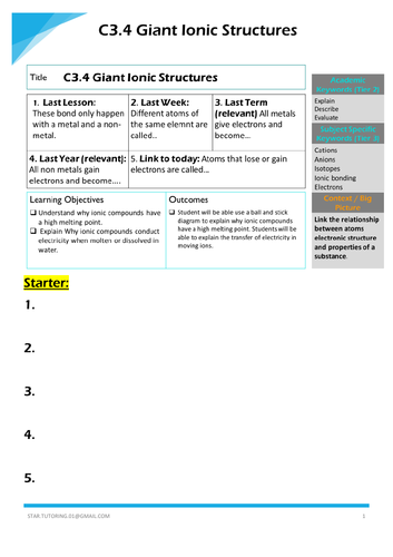 KS4 GCSE C3.4 Giant Ionic Structures (2021) S.T.A.R | Teaching Resources