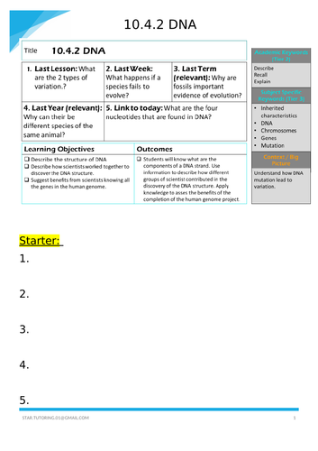 KS3 10.4.2 DNA (2021) S.T.A.R. | Teaching Resources