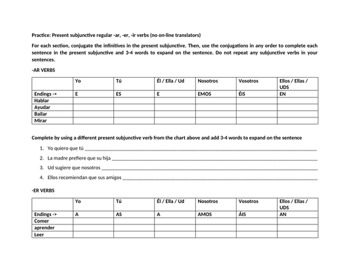 Present subjunctive worksheet regular verbs | Teaching Resources