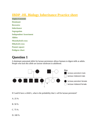 Inheritance and Genes -Grade 11 /12 BiologyPractice sheet with Answer ...
