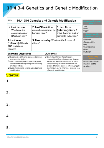 KS3 10.4.3-4 Genetics and Genetic Modification (2021) S.T.A.R ...
