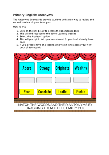 Boom Cards English: Antonyms Matching Activity | Teaching Resources