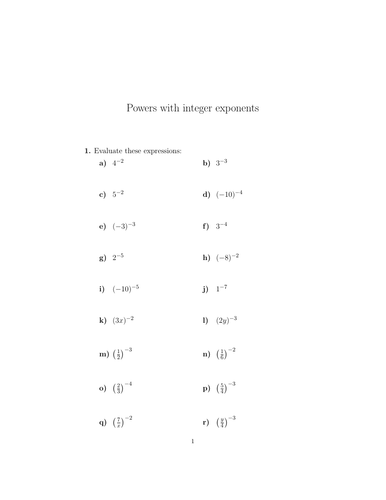 Powers with integer exponents worksheet (with solutions) | Teaching ...