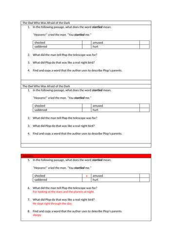 'The owl who was afraid of the dark' Comprehension Questions ...