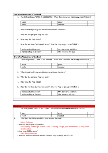 'The owl who was afraid of the dark' Comprehension Questions ...