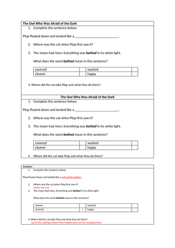 'The owl who was afraid of the dark' Comprehension Questions ...