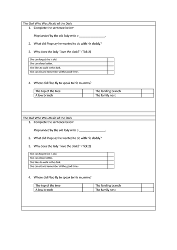 'The owl who was afraid of the dark' Comprehension Questions ...