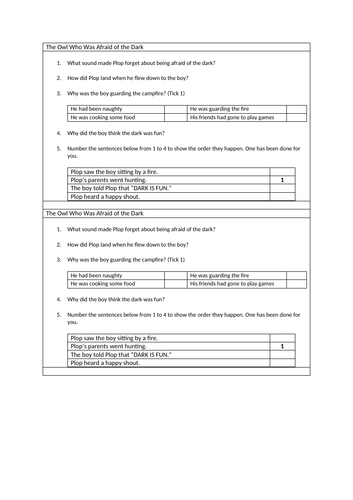 'The owl who was afraid of the dark' Comprehension Questions ...