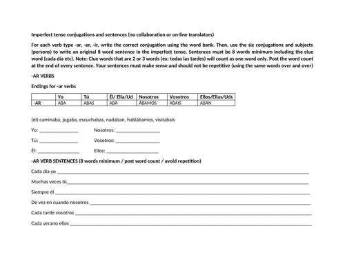 Imperfect tense conjugation and sentence practice | Teaching Resources