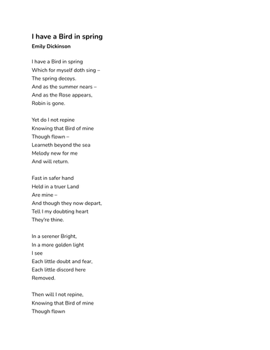 'I have a Bird in spring' by Emily Dickinson - Study Guide | Teaching ...