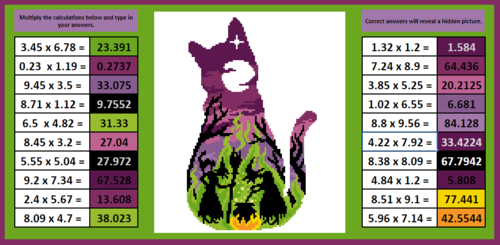 Decimal Multiplication Pixel Art - Halloween Cat (2) | Teaching Resources
