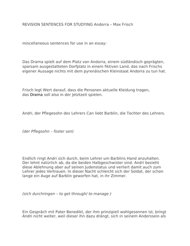 GERMAN A LEVEL revision notes on Andorra Max Frisch - essay writing ...