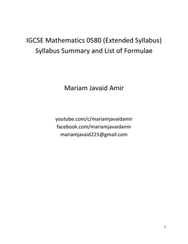 Cambridge IGCSE Mathematics 0580 Syllabus Summary and List of Formulae ...
