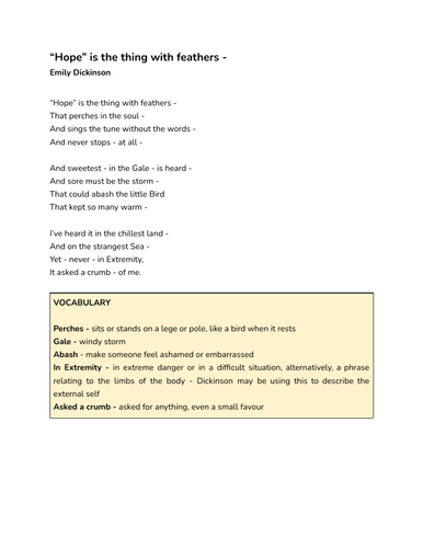 'Hope' is the thing with feathers by Emily Dickinson - Study Guide ...