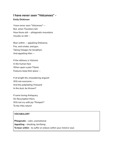 I have never seen 'Volcanoes' by Emily Dickinson - Study Guide ...