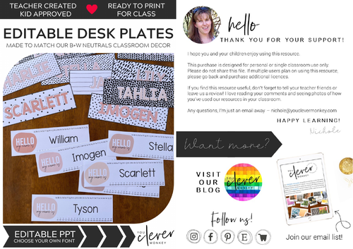 B+W NEUTRALS Editable Desk Plates | Teaching Resources