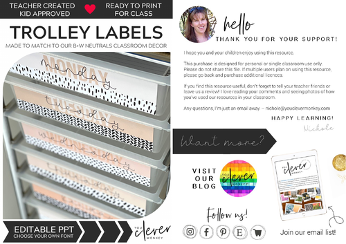 B+W NEUTRALS 10 Drawer Rolling Trolley Cart Labels | Teaching Resources