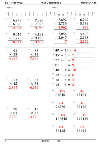 27,300 Four Operations Sums LEVEL 5 - 4 Digit Sums & 1-12x Tables ...