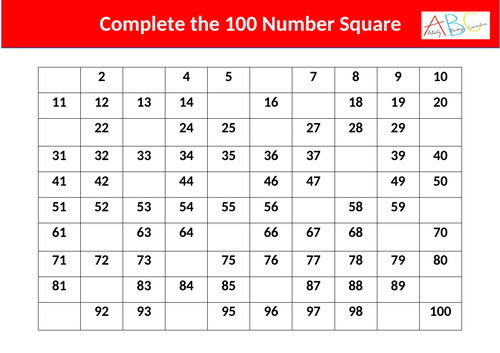 Missing Numbers- 100 Number Square | Teaching Resources