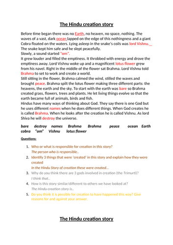 KS3- Origins of life- Hindu and Sikh Creation stories | Teaching Resources