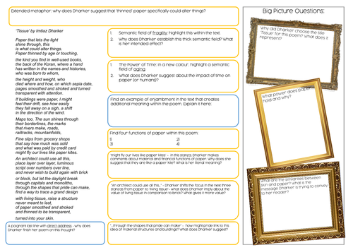 Tissue - A3 Analysis Work Sheet - Imtiaz Dharker - AQA GCSE Literature ...
