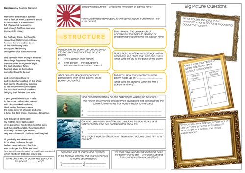 Kamikaze - A3 Analysis Worksheet - GCSE Literature AQA - Beatrice ...