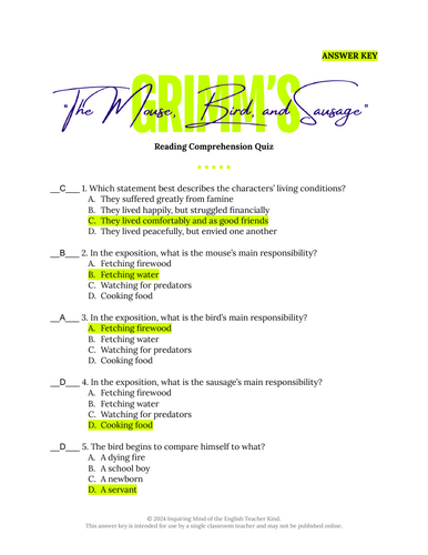 "The Mouse, the Bird, and the Sausage" by the Brothers Grimm Quiz and ...