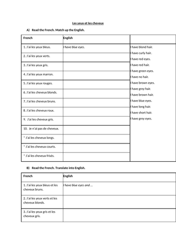 French Hair and Eyes worksheet | Teaching Resources