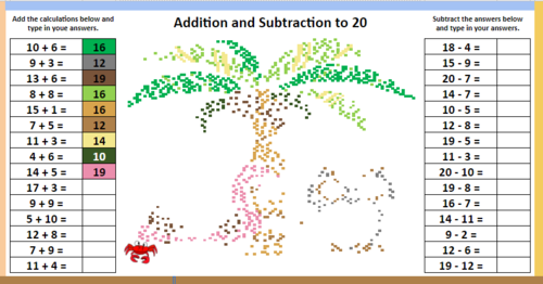 Addition and Subtraction to 20 Pixel Art - Owls at the Beach | Teaching ...