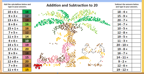 Addition and Subtraction to 20 Pixel Art - Owls at the Beach | Teaching ...