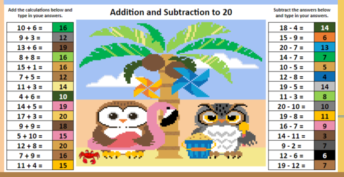 Addition and Subtraction to 20 Pixel Art - Owls at the Beach | Teaching ...