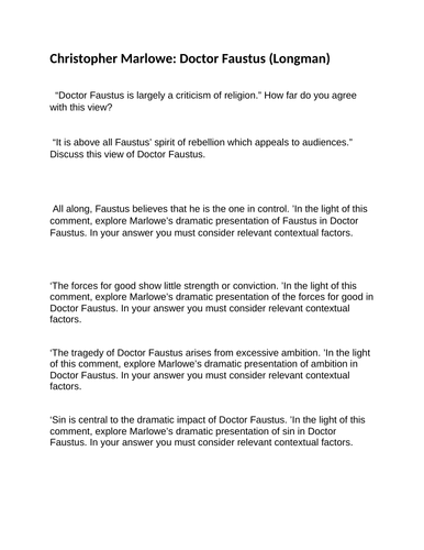 A level English Literature examination questions on Christopher Marlow ...